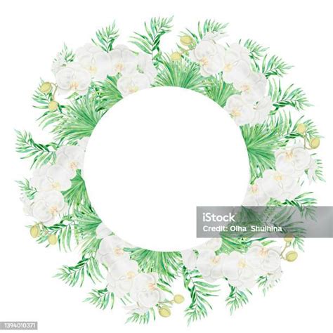 야자수 잎과 흰 난초 꽃의 열대 화환 프레임 이국적인 스타일의 웨딩 템플릿 녹색 정글 단풍 인사말 카드 결혼식에 대한 스톡 벡터 아트 및 기타 이미지 Istock