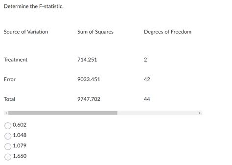 Solved Determine The F Statistic 0 602 1 048 1 079