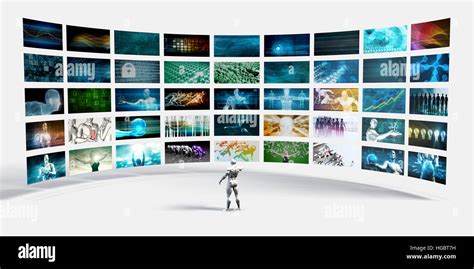 Video Screens Wall With Man Pointing At A Screen Stock Photo Alamy