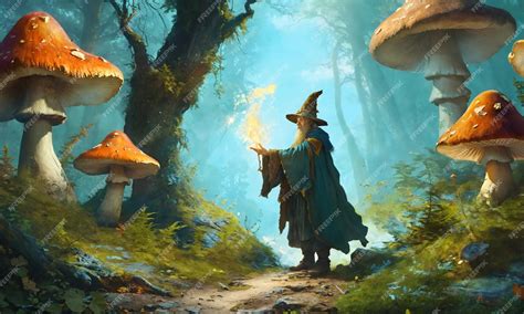 Premium Photo Fantasy Illustration Of A Wizard Casting A Spell Among Giant Magical Mushrooms