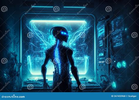 humanoid robot works with futuristic control panel tech system room