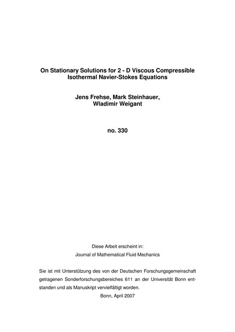 Pdf On Stationary Solutions For 2 D Viscous Compressible Isothermal Navier Stokes Equations