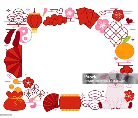 새해 복 많이 받으세요 중국 등불 축제 2027 양 종이 예술 스타일 매달려 빨간 등불 타원형 프레임 당신의 텍스트를 위한 벡터 그래픽 템플릿 0명에 대한 스톡 벡터 아트