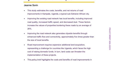 Land Costs And Citywide Benefits Of Road Improvements In A Sub Saharan African City Evidence
