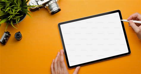 카메라와 화분이 있는 세련된 작업 공간에서 디지털 태블릿을 사용하는 스타일러스 펜을 가진 여성 손의 상위 뷰 클리핑 경로 사진 Unsplash의 컴퓨터 이미지