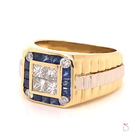 Mens Diamond And Sapphire Rolex Styled 2 Tone Ring In 18k Yellow Gold