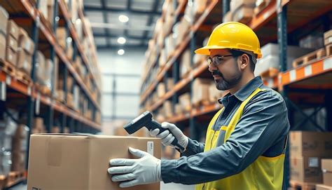 Warehouse Worker Using Bar Code Scanner To Scanning Box And Analyze