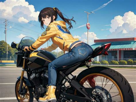 Ai Generated Beautiful Yellow Jacket Anime Girl Riding A Motorcycle On