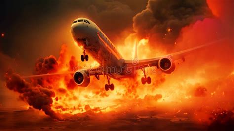 Airplane In Fire And Smoke At Night 3d Illustration Plane Crash