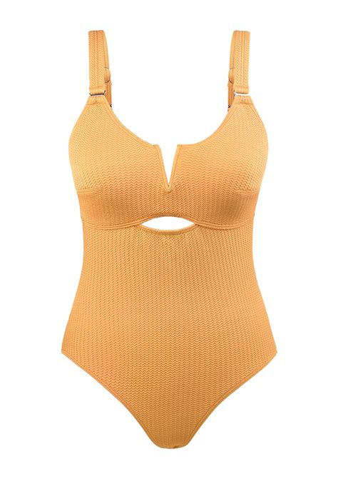 V Wire Plunge Textured One Piece Cutout Swimsuit Hsia