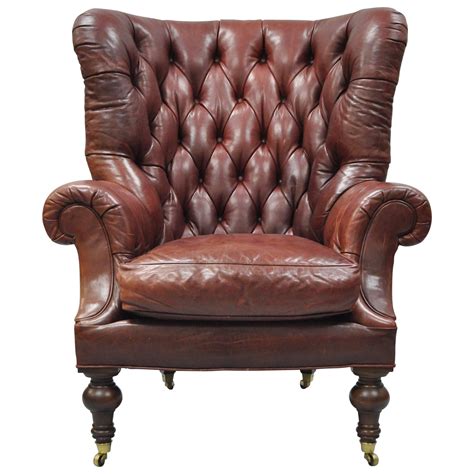 Oversized Lillian August Brown Tufted Leather English Chesterfield Wing