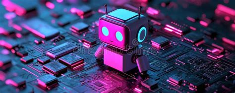 Cute Isometric Robot On Neon Circuit Board Ai Technology Robotics Stock Illustration