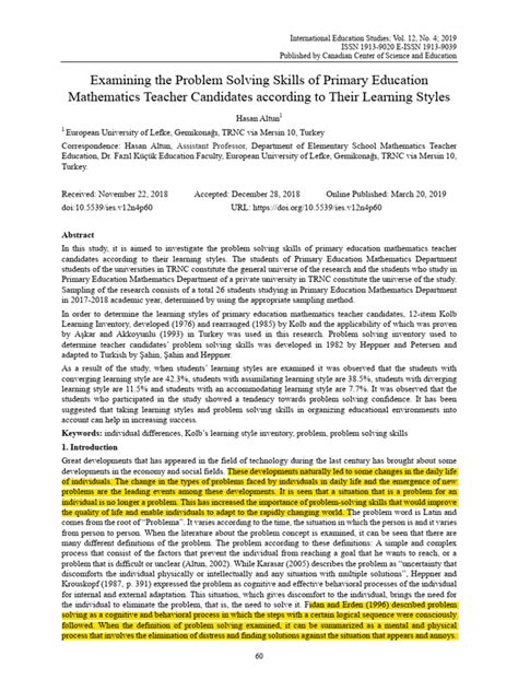 Altun Examining The Problem Solving Skills Of Primary Education Mathematics Teacher Candidates