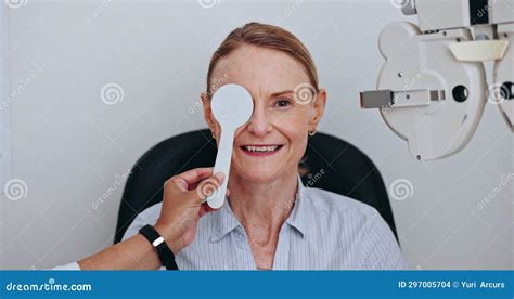 Eye Exam Face And Optometrist Cover Woman Vision Client Or Patient Reading For Eyesight Test