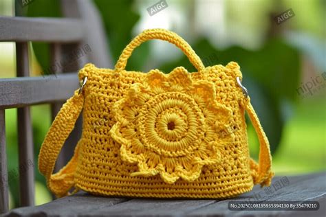 Ai创作图花边包 手工编织包包 毛线包包 手织提包 黄色网袋 藤编手拎手工包 乡花手工包 编织包包 钩钩针摊点 手编袋 针织提包 编织包 编织