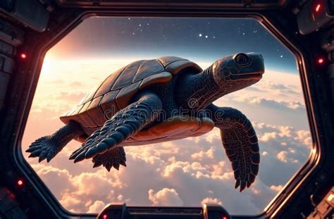 A Large Turtle In A Space Style Flies In Space View From The Cabin Of