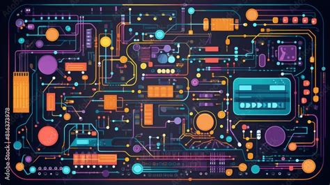 Microcontroller Crafts Flat Design Top View Creative Circuits Theme Cartoon Drawing Triadic