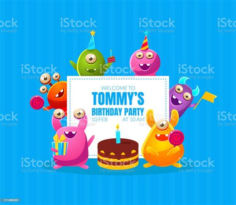 귀여운 재미 몬스터 캐릭터 몬스터 파티 포스터 전단지 초대 카드 벡터 일러스트와 생일 파티 배너 템플릿에 오신 것을 환영합니다 귀여운에 대한 스톡 벡터 아트 및 기타 이미지