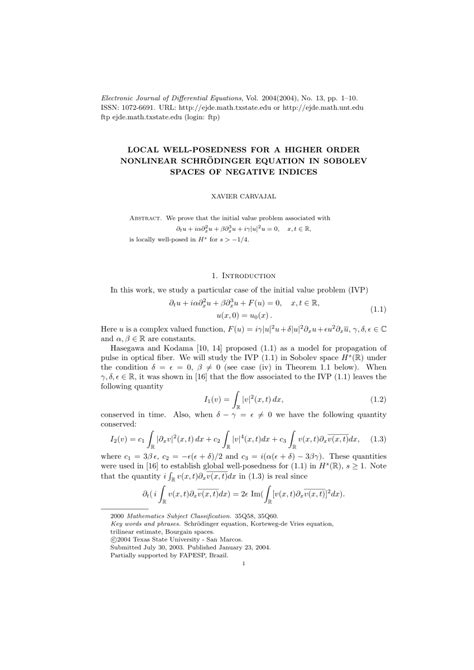 Pdf Local Well Posedness For A Higher Order Nonlinear Schrodinger Equation In Sobolev Spaces