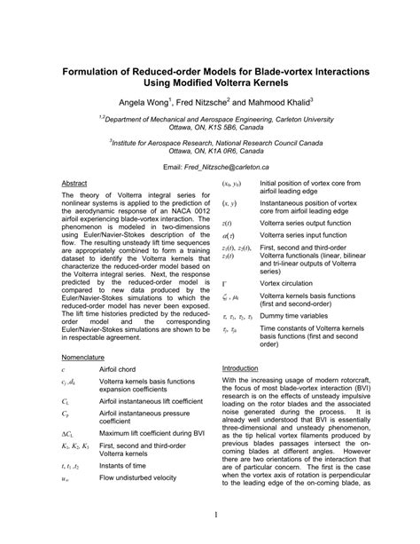 Pdf Formulation Of Reduced Order Models For Blade Vortex Interactions Using Modified Volterra
