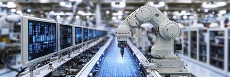 Robotic Assembly Line With Advanced Control Screens Stock Illustration