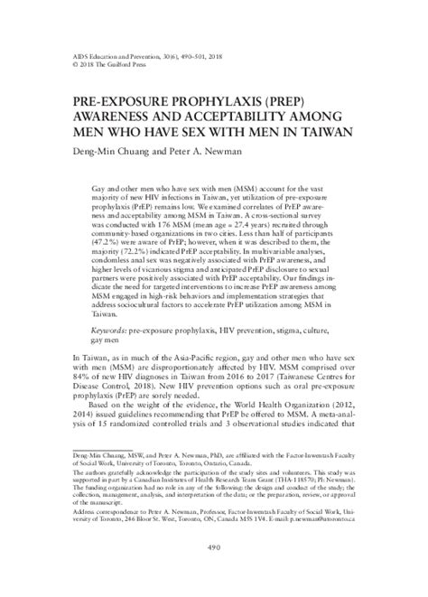 Pdf Pre Exposure Prophylaxis Prep Awareness And Acceptability Among
