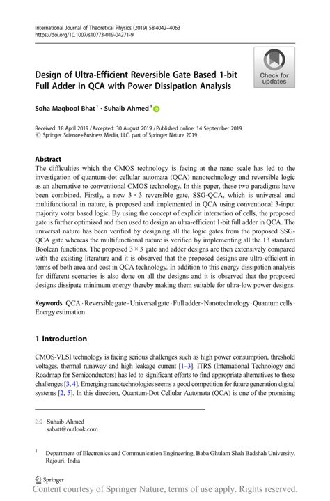 Design Of Ultra Efficient Reversible Gate Based 1 Bit Full Adder In Qca With Power Dissipation