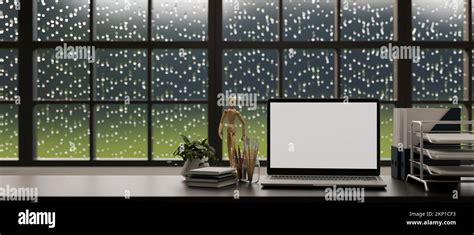 Modern Office Desk Workspace With Laptop Computer White Screen Mockup