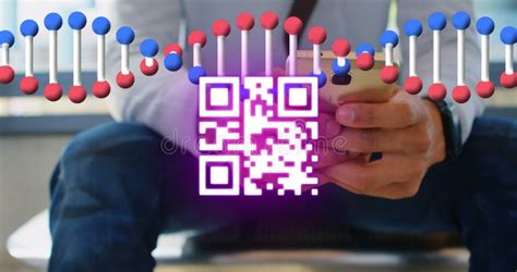 Neon Qr Code Scanner And Dna Structure Spinning Against Mid Section Of Man Using Smartphone