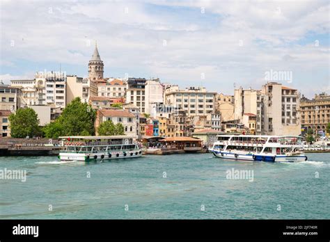 Karakoy Beyoglu Istanbul Turkey Pictured Galata Tower And Tourist Boats On The Bosphorus