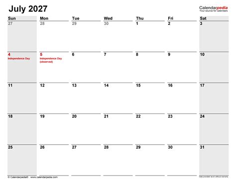 July 2027 Calendar Templates For Pdf Excel And Word