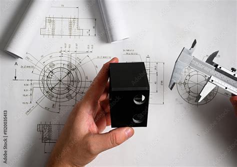 Engineer Comparing A Plastic Component With Its Technical Drawing Using