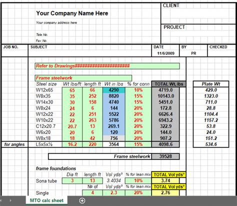 Mto Calculation Sheet Excel Sheets