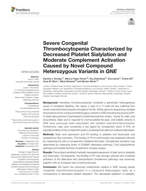 Pdf Severe Congenital Thrombocytopenia Characterized By Decreased Platelet Sialylation And