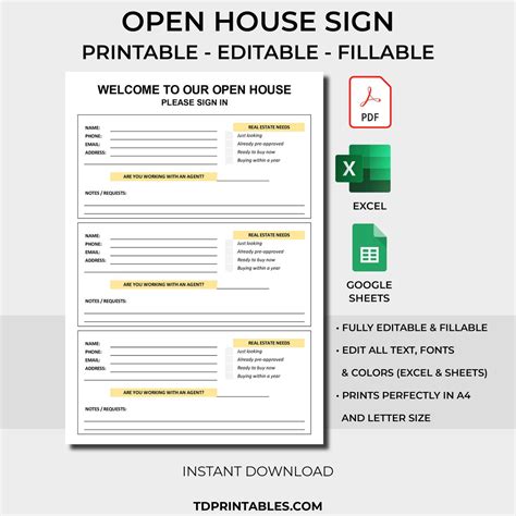 Open House Sign Sheet Printable And Fillable Pdf Digital Download