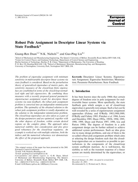 pdf robust pole assignment in descriptor linear systems via state