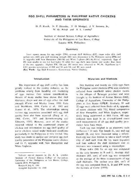 Egg Shell Parameters In Philippine Native Chickens And Their Upgrades Pdf
