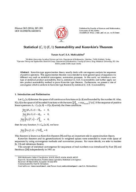 Pdf Statistical C1 E1 Summability And Korovkins Theorem