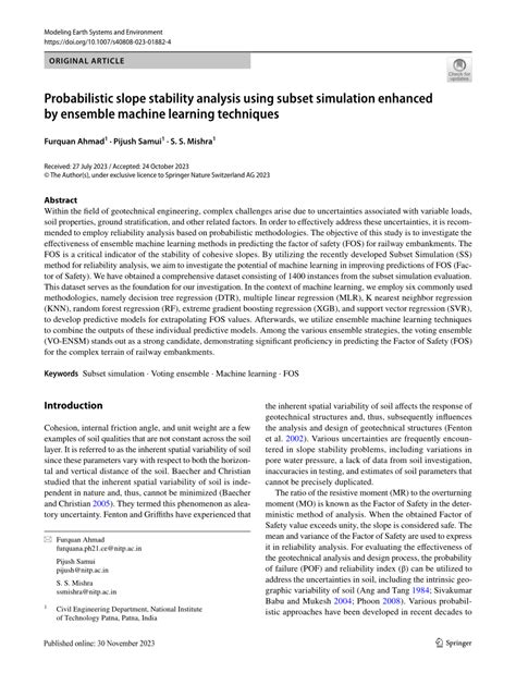 PDF Probabilistic Slope Stability Analysis Using Subset Simulation Enhanced By Ensemble