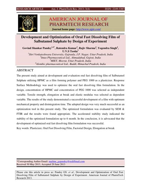 Pdf Development And Optimization Of Oral Fast Dissolving Film Of Salbutamol Sulphate By Design