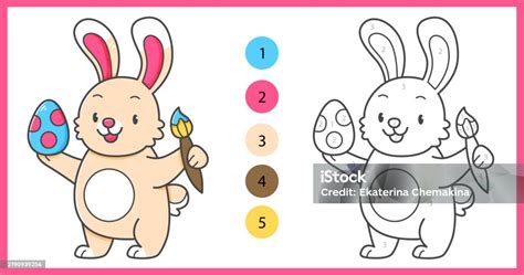 부활절 달걀을 가진 귀여운 토끼와 함께 아이들을 위한 숫자로 색칠하기 책 색칠 예제가 있는 만화 토끼가 있는 색칠 공부 페이지 블랙 앤 화이트 및 컬러 버전 벡터 일러스트