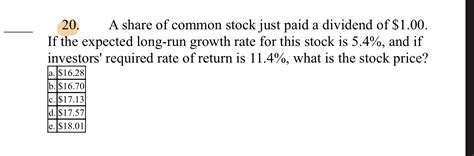 Solved 20 A Share Of Common Stock Just Paid A Dividend Of Chegg Com