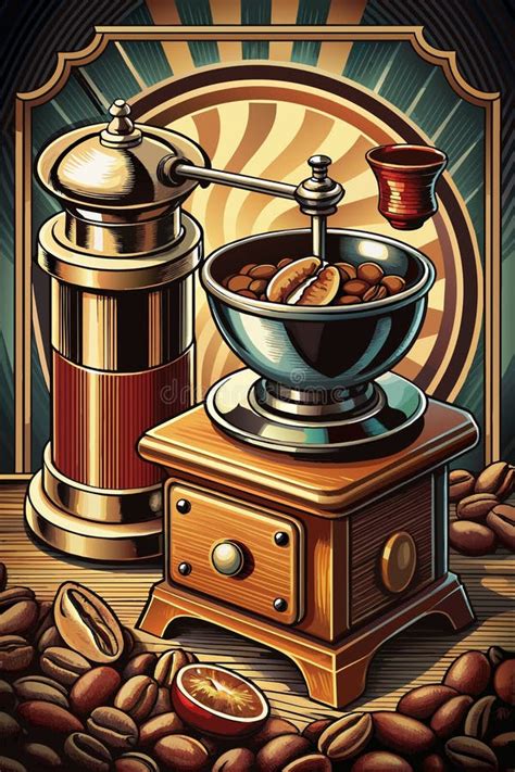 Vintage Coffee Grinder And Beans Artistic Illustration Stock Image