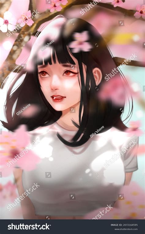 Illustration Young Girl Under Sakura Tree Stock Illustration 2072164595