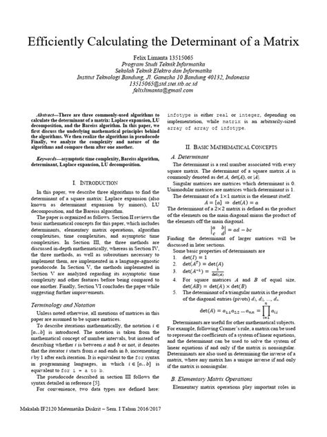 Efficiently Calculating The Determinant Of A Matrix Pdf Determinant Matrix Mathematics