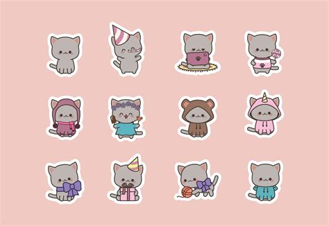 Set Isolated Cute Kitty Kawaii Chibi Style Sticker Cat Character Vector Illustration 10585765