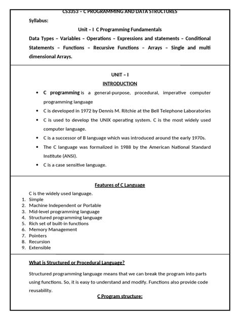 C Programming And Data Structures Unit I Notes Pdf Integer Computer Science C