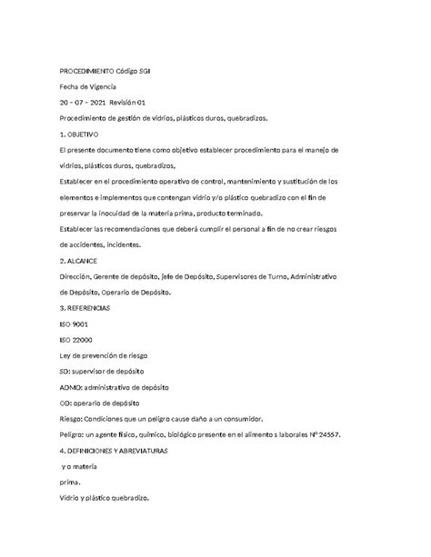 Procedimiento Sgi Control De Vidrios Y Plásticos Quebradizos Studocu