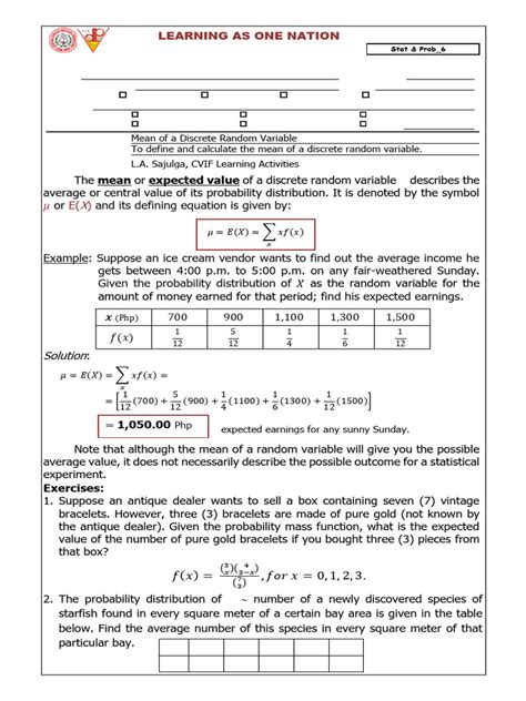 Stat Prob Las 6 Mean Of A Discrete Random Variable Pdf Mean