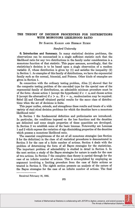Pdf The Theory Of Decision Procedures For Distributions With Monotone Likelihood Ratio